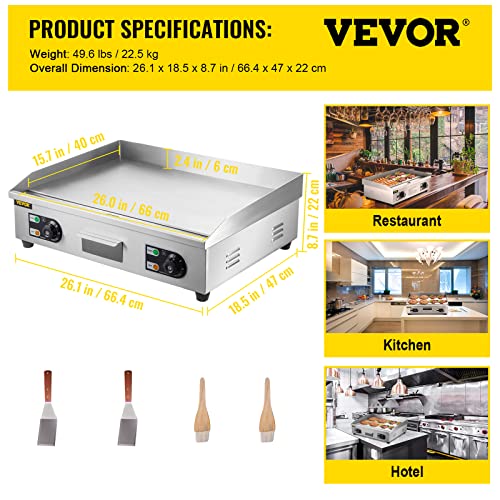 VEVOR Commercial Electric Griddle, 26" Teppanyaki Grill, 3200W Electric Flat Top Grill, Stainless Steel Electric Countertop Griddle w/Drip Hole, 50-300℃ Electric Griddle for Pancake, Chicken(No Plug)