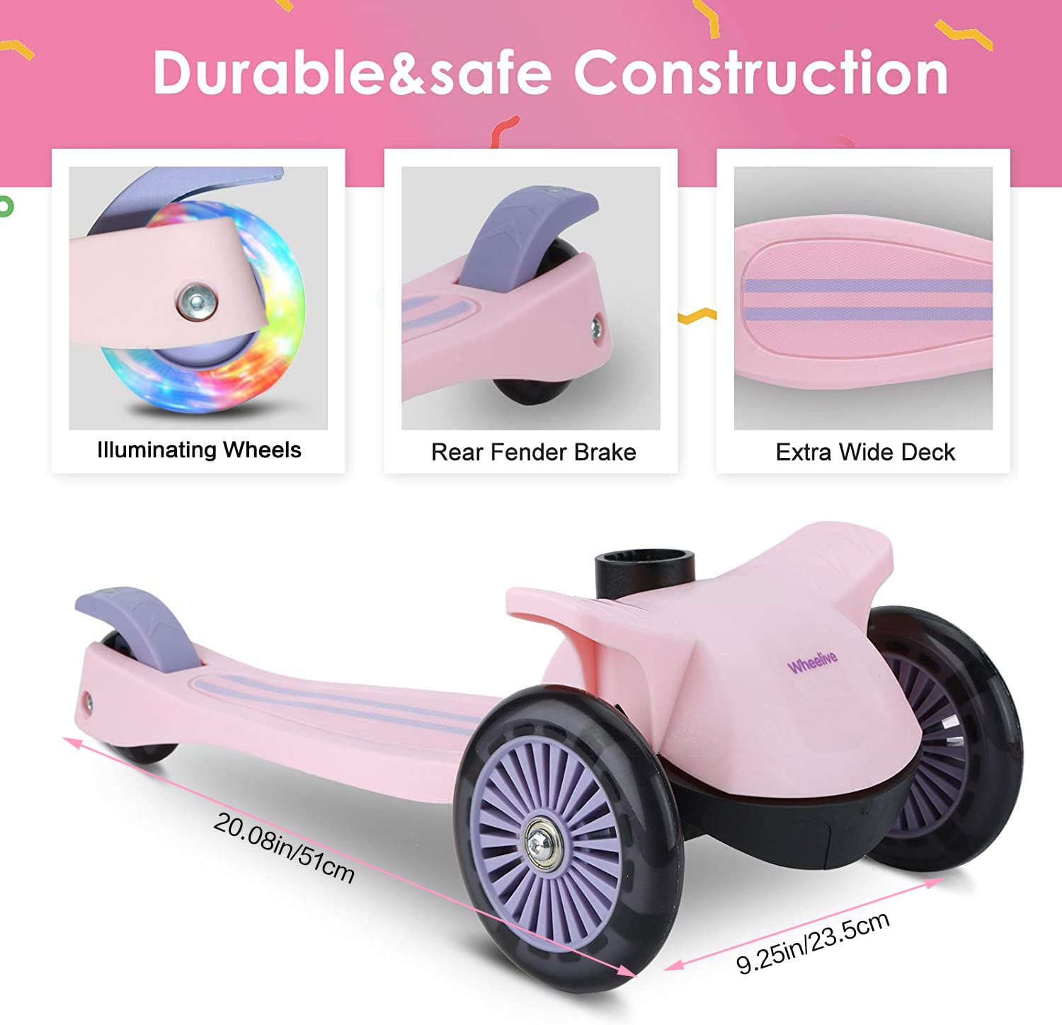 Wheelive 2 in 1 Kick Scooter with Removable Seat, 3 LED Wheels Kick Scooter for Kids, 4 Adjustable Height & Foldable Design Toddler Scooters Sit or Stand Ride for Boys & Girls 2-8 Years Old (Pink）