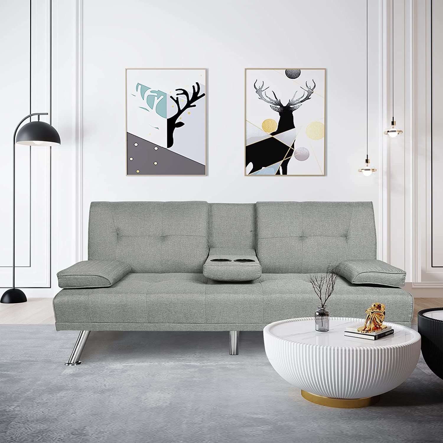 FANYE Modern Futon Sofa Loveseat Convertible Sleeper Couch Bed for Small Space Studio Office Living Room Furniture Sets, Twin Daybed Sofabed 2 Seater Sofa & Couch Love Seats, Grey Linen 66.2"