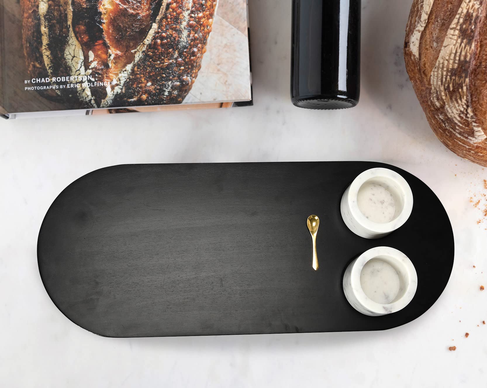Bloomingville Bloomingville Mango Wood Tray with 2 Marble Bowls and Gold Finish Stainless Steel Spoon, Set of 4