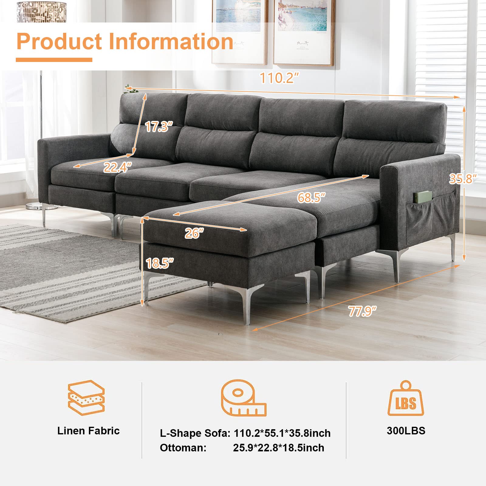 Houjud 110" Convertible Sectional Sofa Couch, Modern Linen Fabric L-Shaped Couch 4-Seat Sofa Couch w/Reversible Chaise and Side Pockets for Living Room, Apartmentt (Grey)