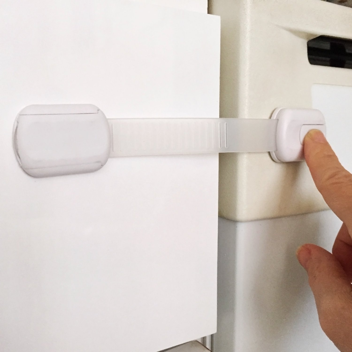 BabyKeeps Child Safety Locks - Latches to Baby Proof Cabinets, Drawers, Appliances - No Drilling - Plus Extra 3M Adhesive Included - Adjustable Length - 6 Pack, White