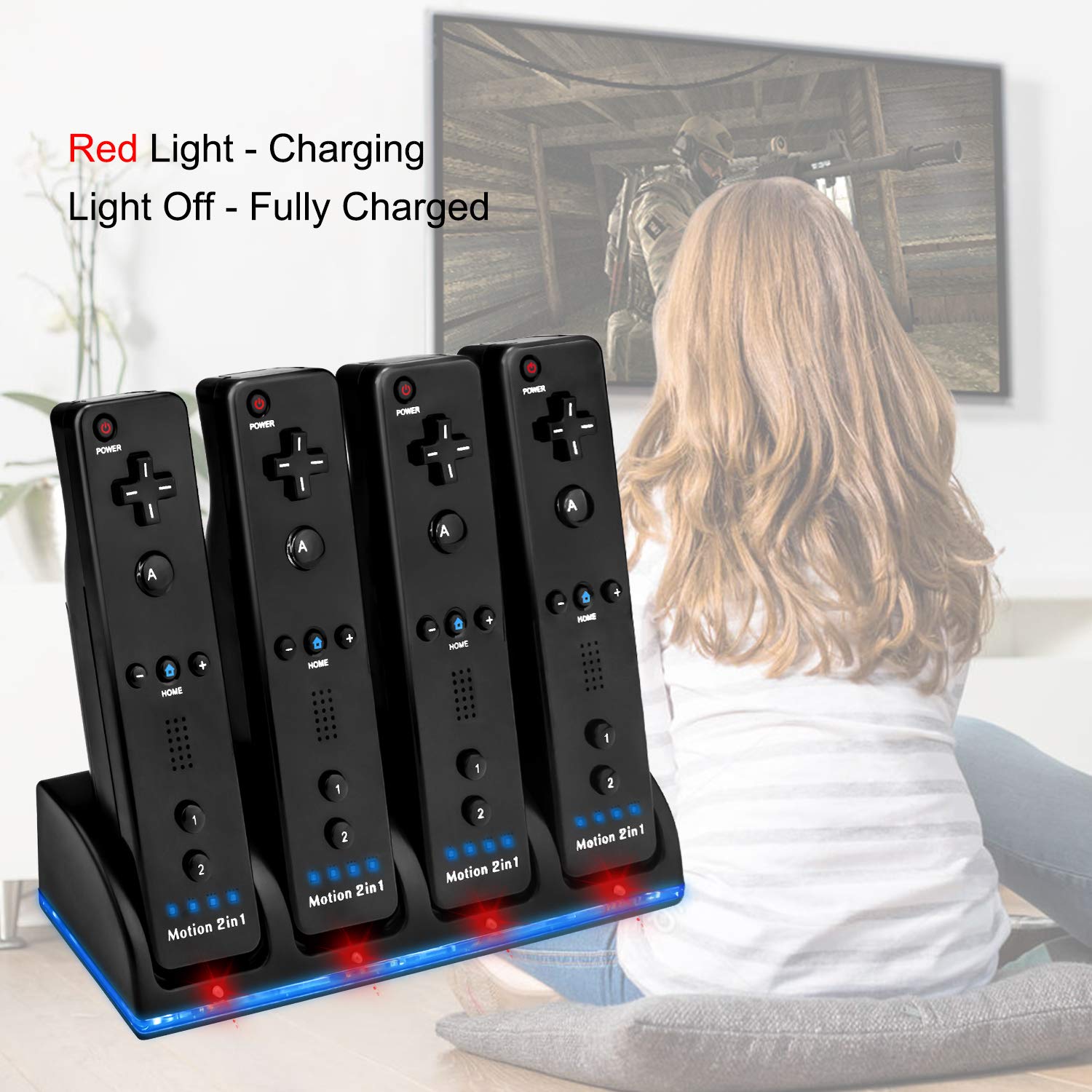Four Charger Dock for Wii Remote, TechKen Remote Control Charger Docking Station with 4 Rechargeable Batteries from Nintendo Wii Rometo Control