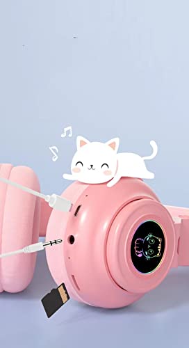 Headset Cat Ears Bluetooth Earphone Wireless Gaming Noise Cancelling 8 Hours with Mic USB Virtual Reality Detachable Cute Luminous Mouse Ear Rainbow RGB Flashing Light On-Ear Headphone (Pink) (ER-1)
