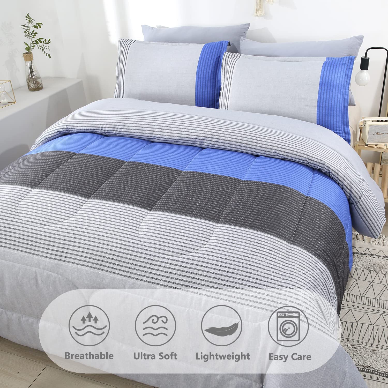 PERFEMET Blue Striped Comforter Set Full Size, 3 Pieces Grey and Blue Patchwork Stripe Bedding Set, Ultra Soft Microfiber Reversible Quilt Set for Teens Boys Adults