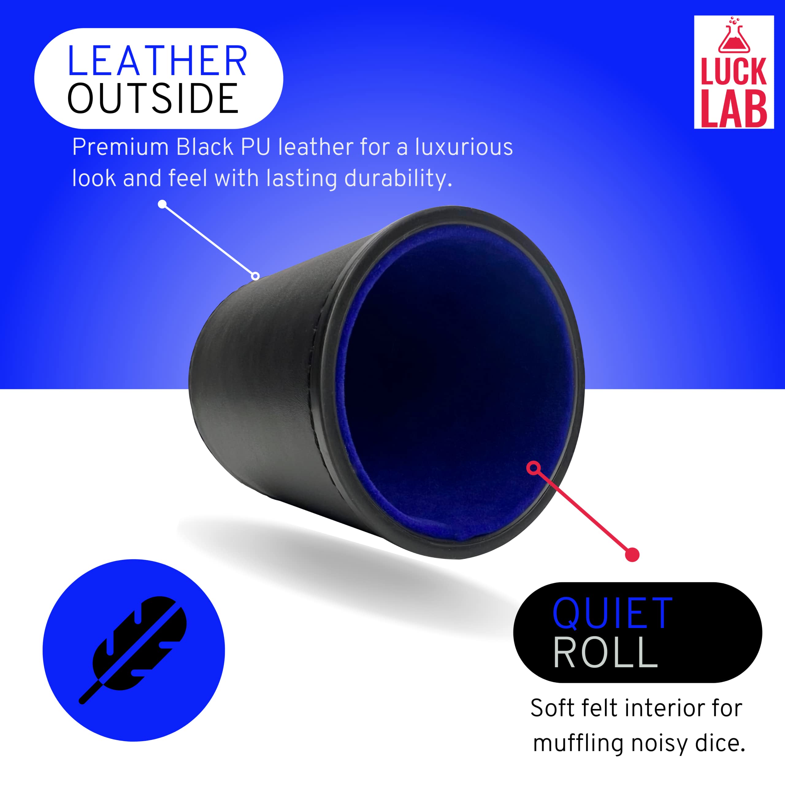 Luck Lab Black Leather Dice Cup with Lid Including 6 Matching Pearl Dice - Blue Velvet Interior for Quiet Shaking - Use for Liars Dice Farkle Yahtzee Board Games, Black