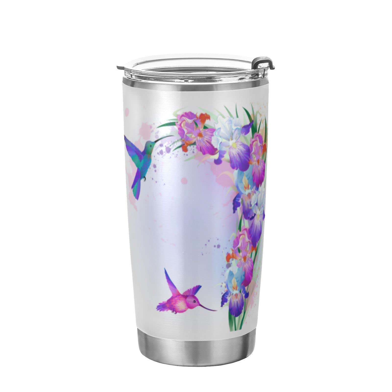 Bright Iris Flowers Hummingbirds Travel Mug Insulated Tumbler with Lid and Straw Spring Floral Beautiful Stainless Steel Vacuum Double Walled Drinking Cup Keeps Drinks Cold&Hot Water Bottle for Trave