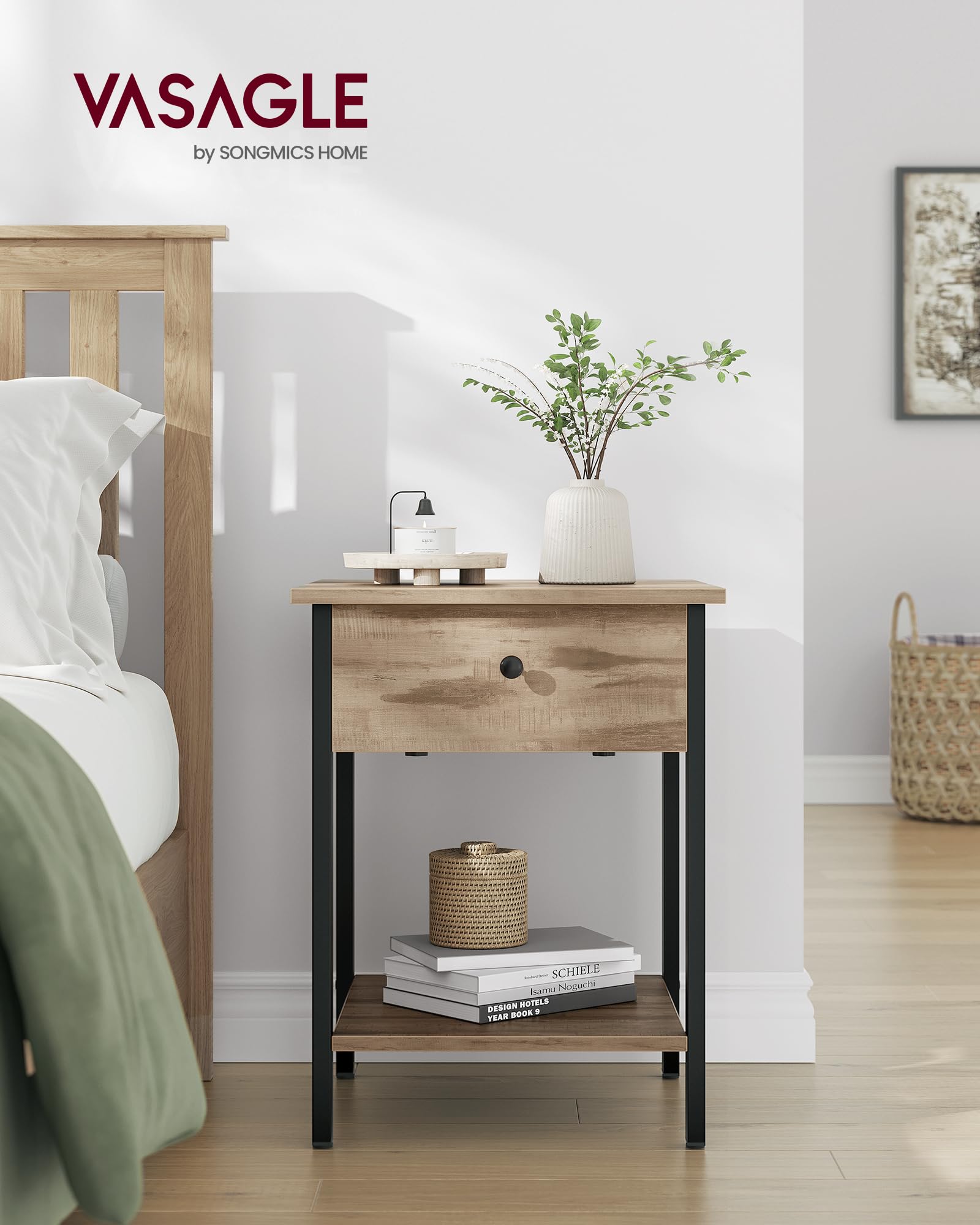 VASAGLE Nightstand, Bedside Table with Drawer, Side Table, End Table, for Bedroom, Office, Industrial, Camel Brown and Black ULET055B50