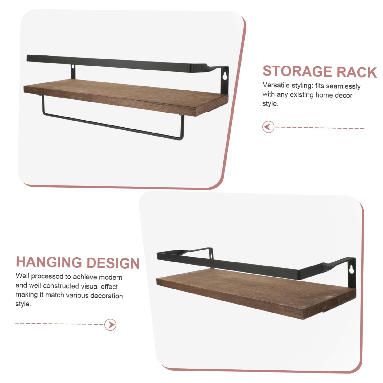 Cabilock 2pcs Metal Wall Kitchen Shelves Wooden Storage Shelf Wall Mounted Storage Rack Brown Wall-Mounted Shelf
