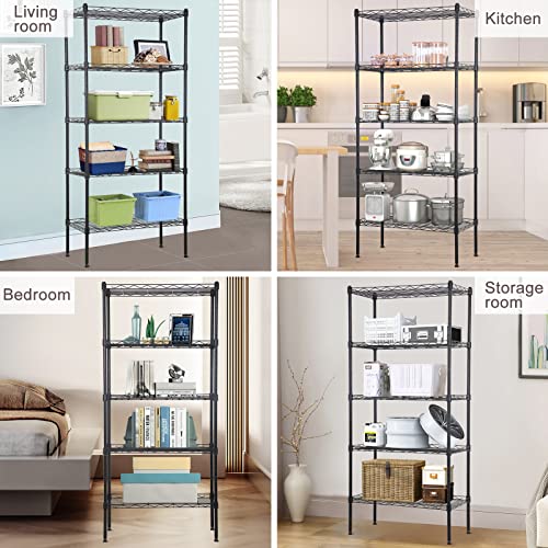 XXkseh 5 Tier Wire Shelving Unit Metal Storage Shelves Heavy Duty NSF Height Adjustable Commercial-Grade Storage Rack Garage Storage Pantry Shelves for Storage, Black