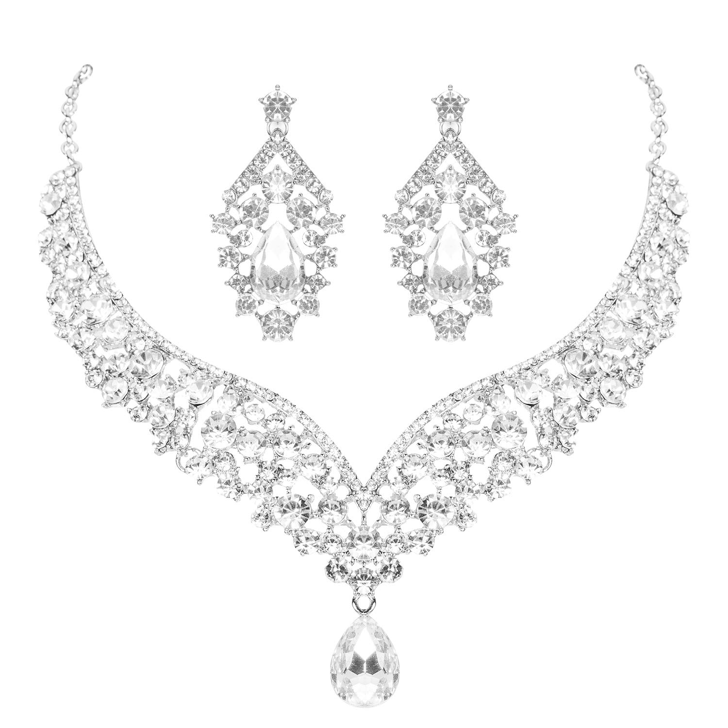 Hapibuy Crystal Bridal Wedding Necklace and Earrings Jewelry Set For Women and Brides