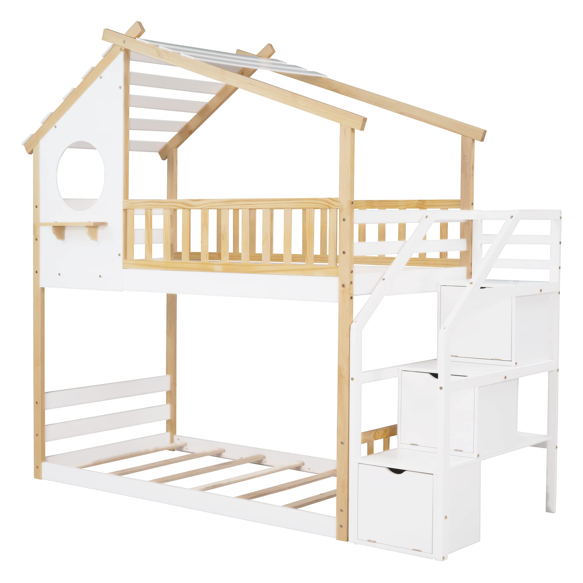 House Bed Bunk Beds with Stairs, Twin Over Twin Bunk Bed with Storage and Guard Rail, Floor Bunk Bed with Roof, Wood Bunk Bed Frame for Kids, Teens, No Box Spring Needed (Natural & White)