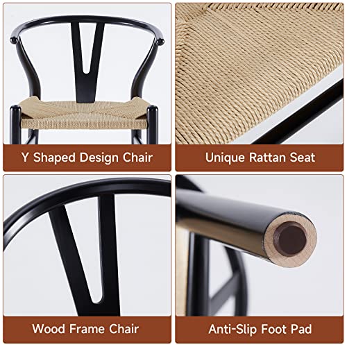 Farini Wishbone Chairs for Dining Room Solid Wood Rattan Chair Armchairs Y Shaped Backrest Hemp Seat for Home Restaurant Fully-Assembled(Set of 2,Black-Beige Seat)