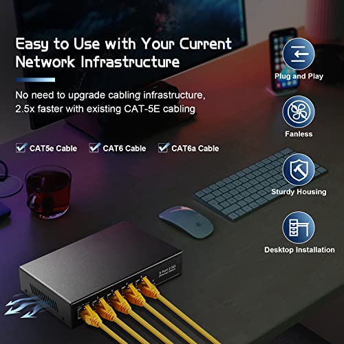 Binardat 5 Port 2.5G Switch, 5 x 2.5 Gigabit RJ-45 Base-T Ports, Metal Unmanaged Multi-Gigabit Desktop Ethernet Switch…