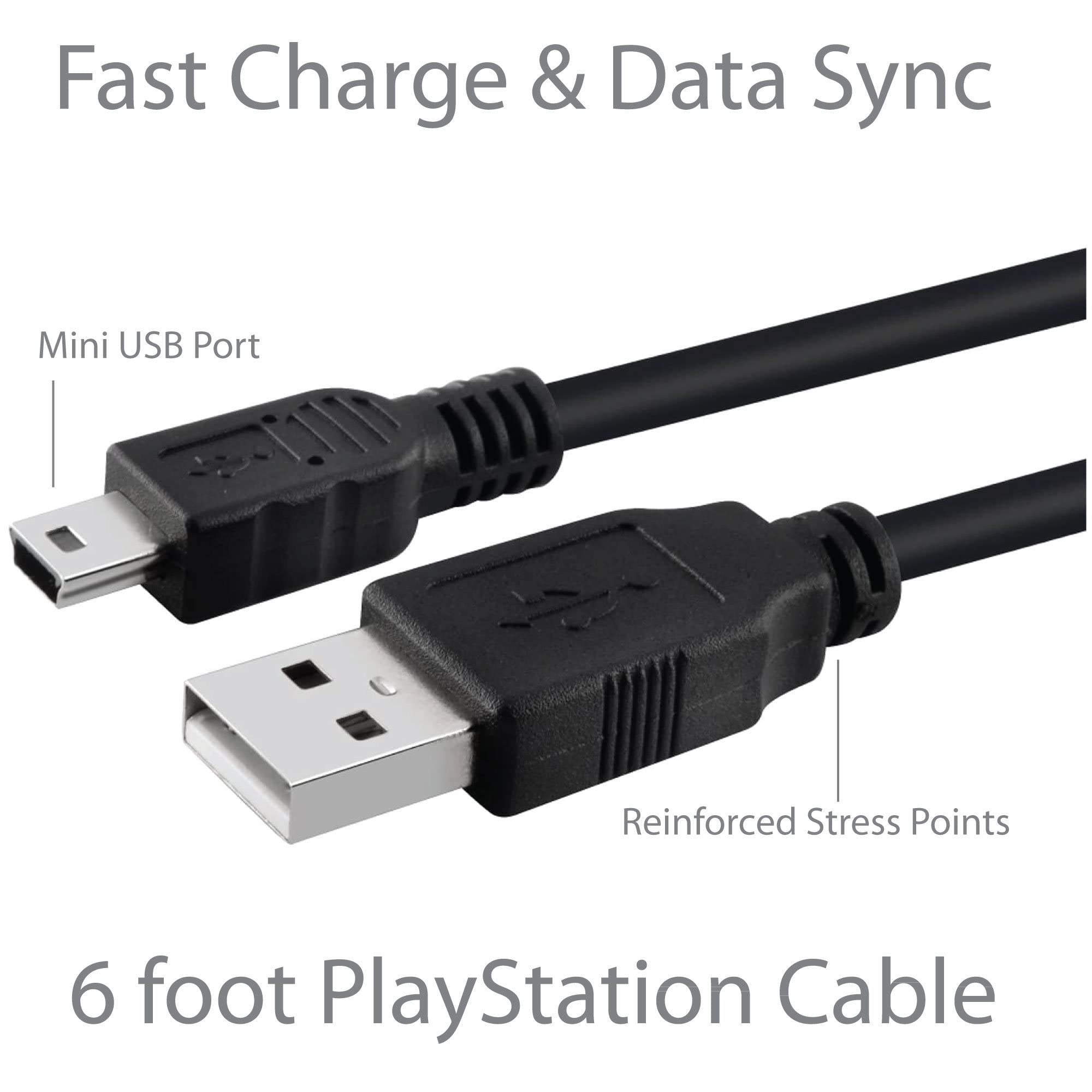 Bek 6ft PS3 Controller Charger Cable - Magnetic Ring Mini USB Data Charging Cord for PS Move PlayStation 3 Wireless Controller, Digital Camera, TI84 Plus CE - 2 Pack Bundle