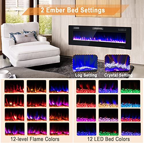 COSTWAY 60 Inches Ultra-thin Electric Fireplace, 750W/1500W Recessed & Wall Mounted Electric Fireplace with Remote Control, Timer, Log & Decorative Crystals, Adjustable Flame Color, Brightness, SpeedÂ