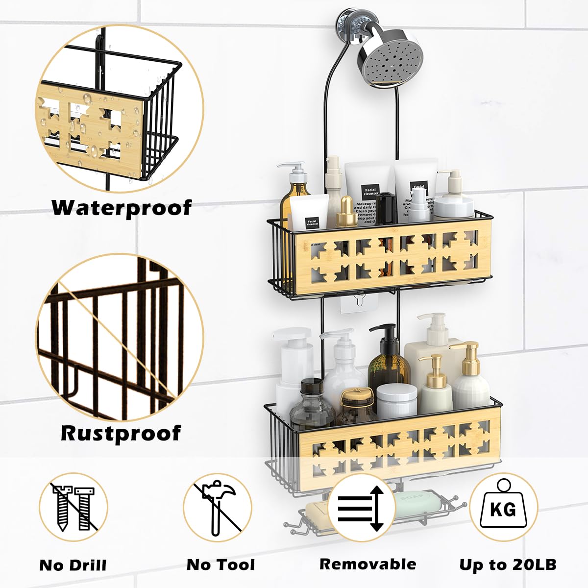 melos Shower Caddy Over Shower Head, 3 Tier Hanging Shower Organizer, Shower Caddy Hanging, Shower Rack Hanging Rustproof With Soap Holder, for Bathroom Hooks and Bamboo Board Silver