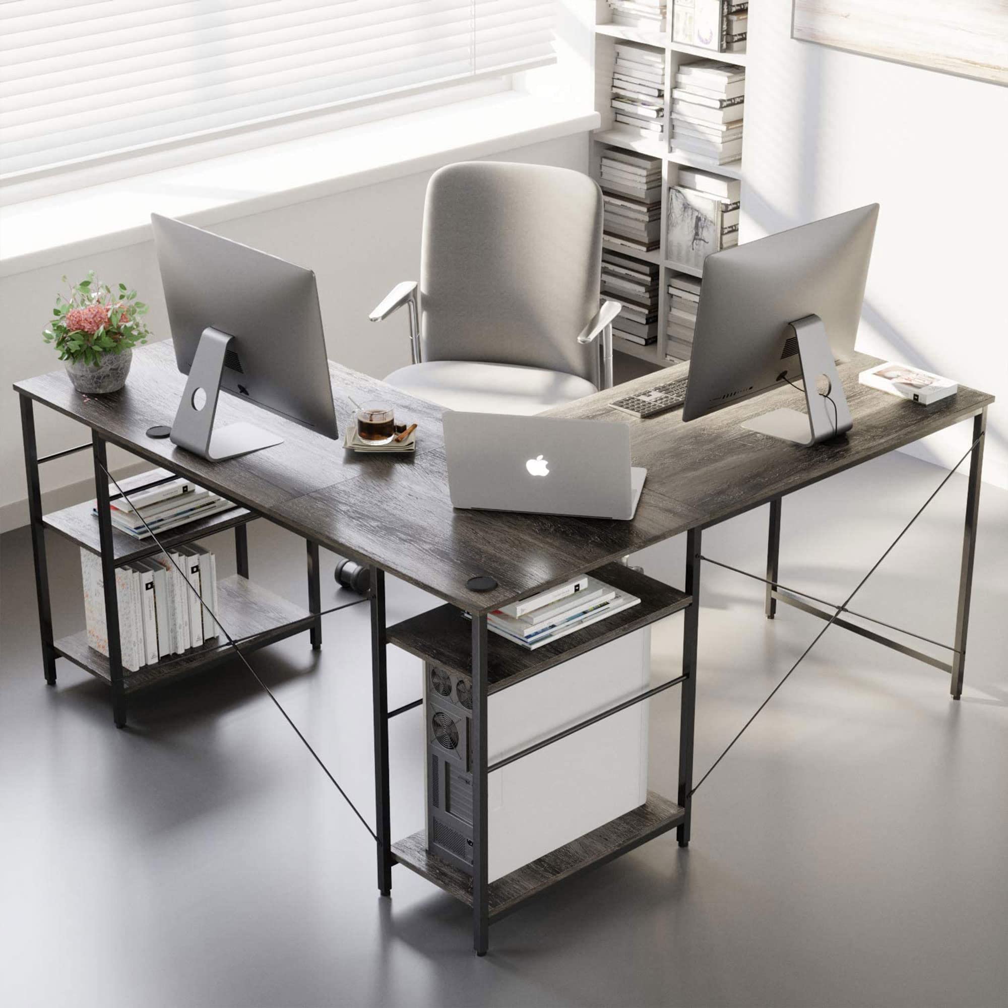 Bestier L Shaped Desk with Shelves,Reversible Corner Computer Desk or 2 Person Long Table for Home Office Large Gaming Writing Storage Workstation P2 Board with 3 Cable Holes, (Gray, 95 Inch)
