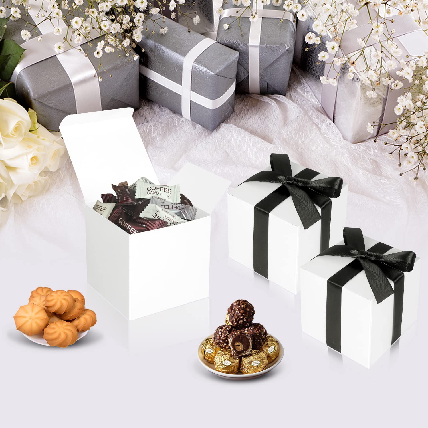 DOYIDE 100 Pack Small Gift Boxes, 2x2x2 Inches Favor Boxes White Paper Gift Boxes with Lids for Presents, Crafting, Cupcake Boxes, Gifts, Candy Boxes for Wedding Party Bridal Shower Baby Shower Favors