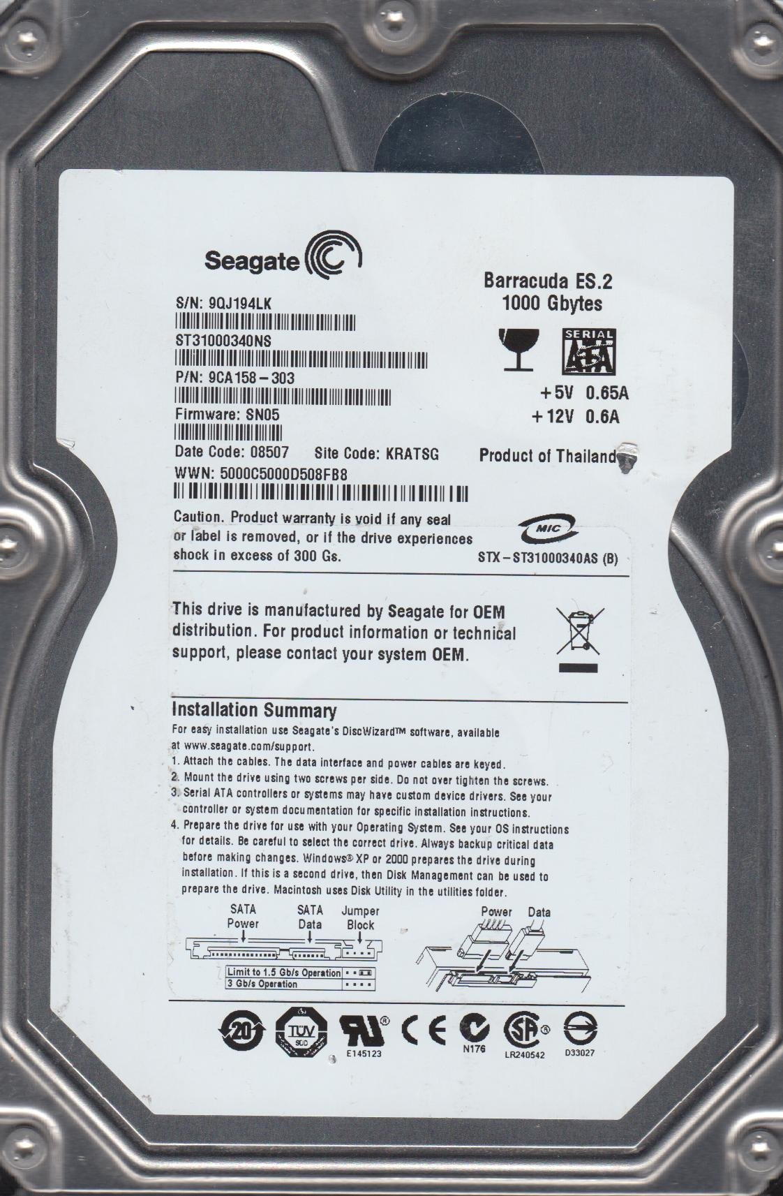 Seagate Barracuda ES 1 TB 7200RPM SATA 3Gb/s 32 MB Cache 3.5 Inch Internal Hard Drive ST31000340NS-Bare Drive