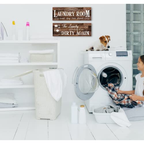 Creoate Laundry Room Decor, 2 Pieces Laundry Sign Wall Decor Funny Laundry Room Rules Decor Rustic Family White Wood Sign Hanging Plaque for Laundry Bathroom Wall Decor (Brown)