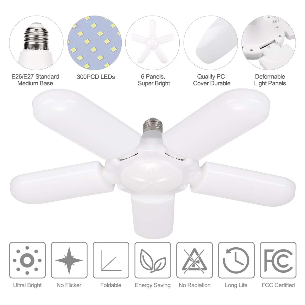 BLOOMWIN LED Garage Lights, 75W 7000LM Deformable Garage Ceiling Lighting, 6500K LED Shop Light Bulb with 5 Adjustable Panels for Garage Warehouse Workshop Basement Auto Shops, White