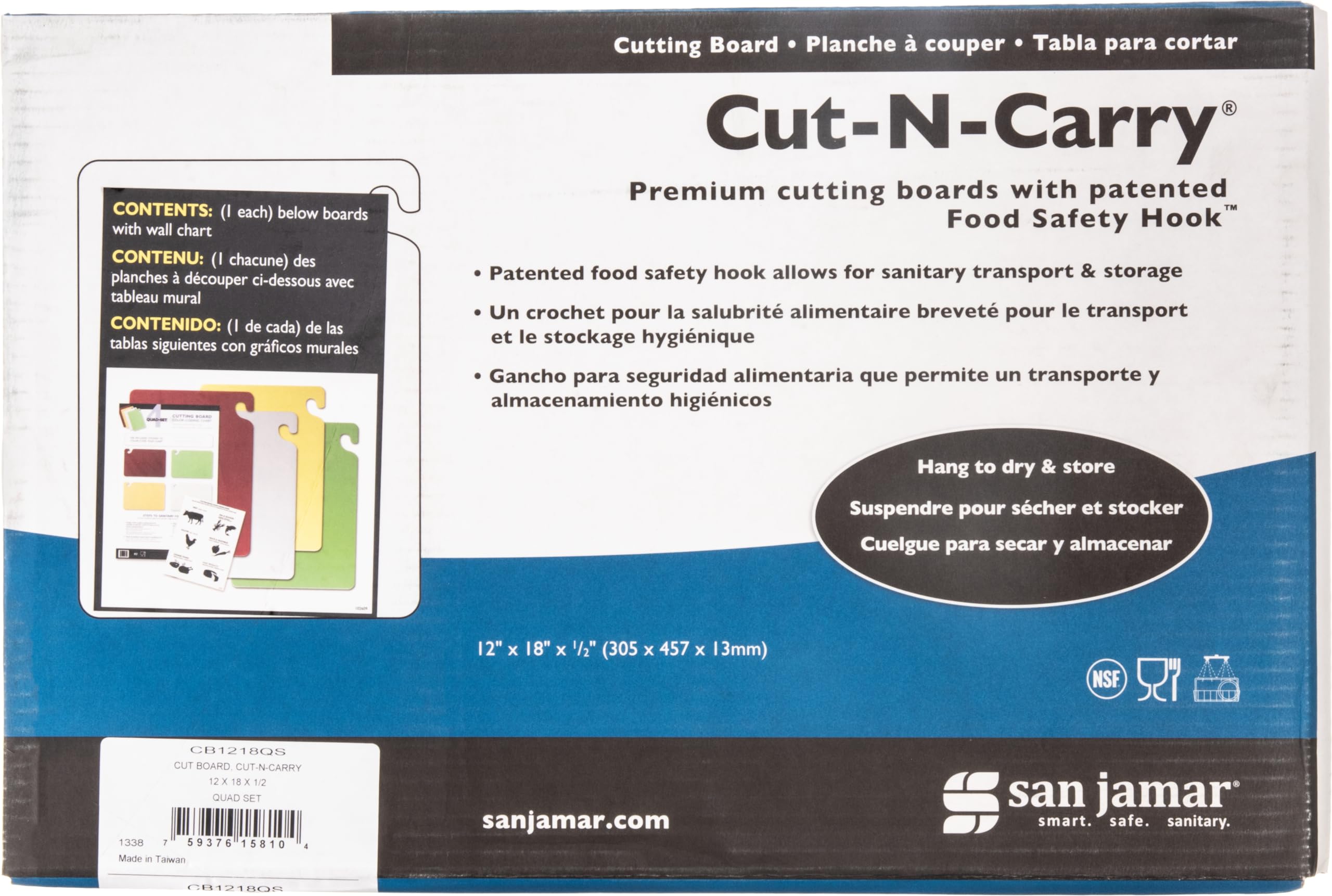 Carlisle FoodService Products CB1218QS 4 Piece Cut-N-Carry Board System Set with Free Smart Chart, 18" Length x 12" Width x 1/2" Thick