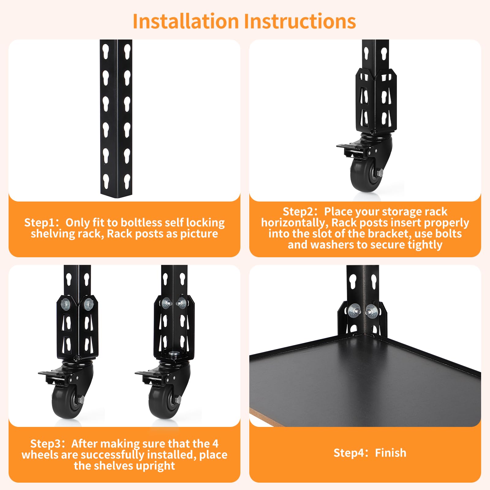Chegulu 3" Storage Rack Caster Wheels, Storage Shelf Accessories Fit to Boltless Self Locking Shelving Racks, Total Load Capacity 1000 Lbs, 4 Pcs