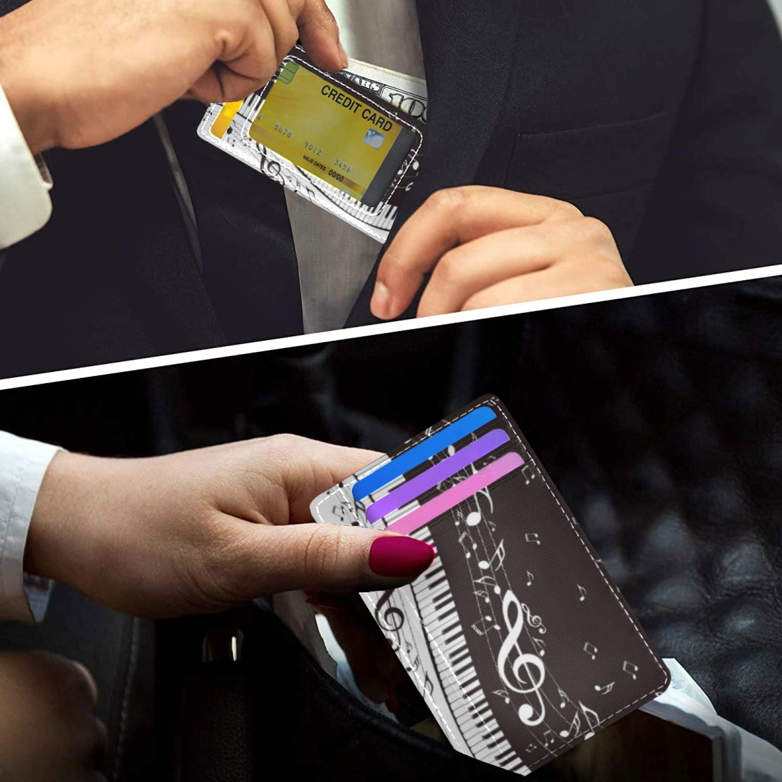 Linomo Thin leather Card Holder and Money Clip Music Note Musical Piano Wallet RFID Blocking for Men & Women