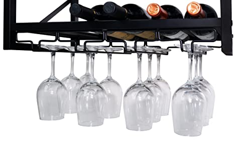 Farmhouse Wall Mounted Wine Rack with Tilting Display Shelf, Wall Hanging Wine Rack, 3-Tier Shelves with Stemware Glasses Holder for Wine Storage, Wine Display Shelf for Kitchen Living Room Cafe Bar