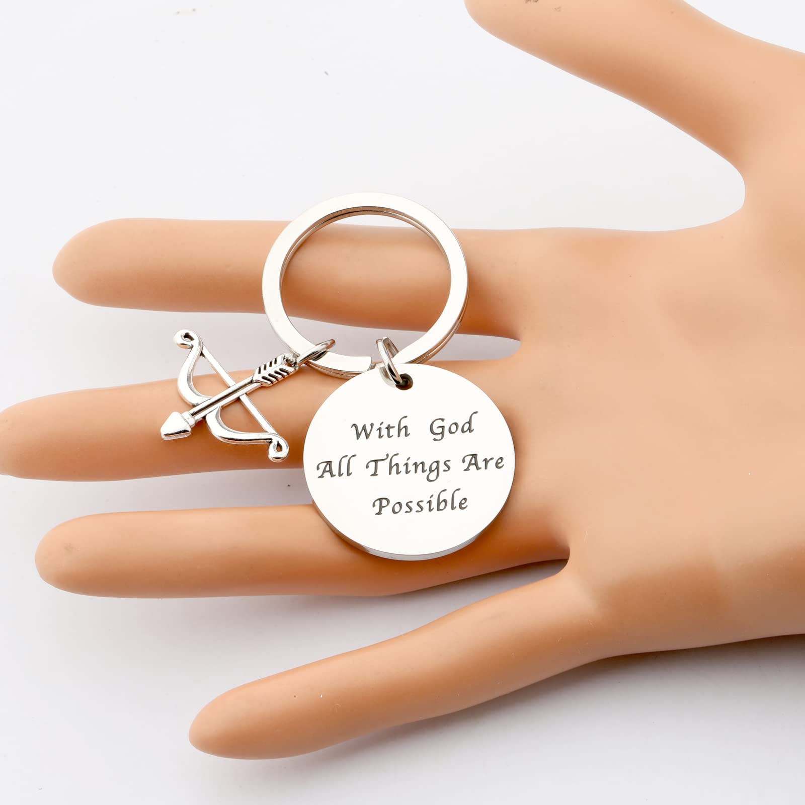 BEKECH Archery Sport Player Gift With God All Things Are Possible Arrow Bowhunting Charm Keychain for Archery Team Archery Lover Hunting Lover (silver)