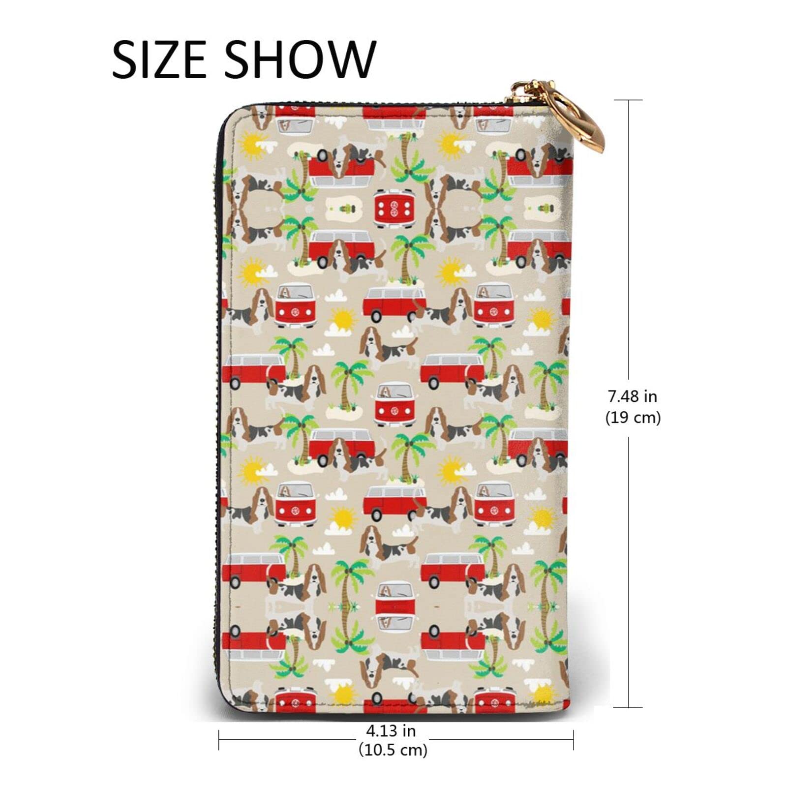 Basset Hound Dog Summer Bus Palm Trees Women'S Leather Long Clutch Wallet :>> 7.48x4.13 Inch Comfortable, Lightweight, Waterproof, Durable.