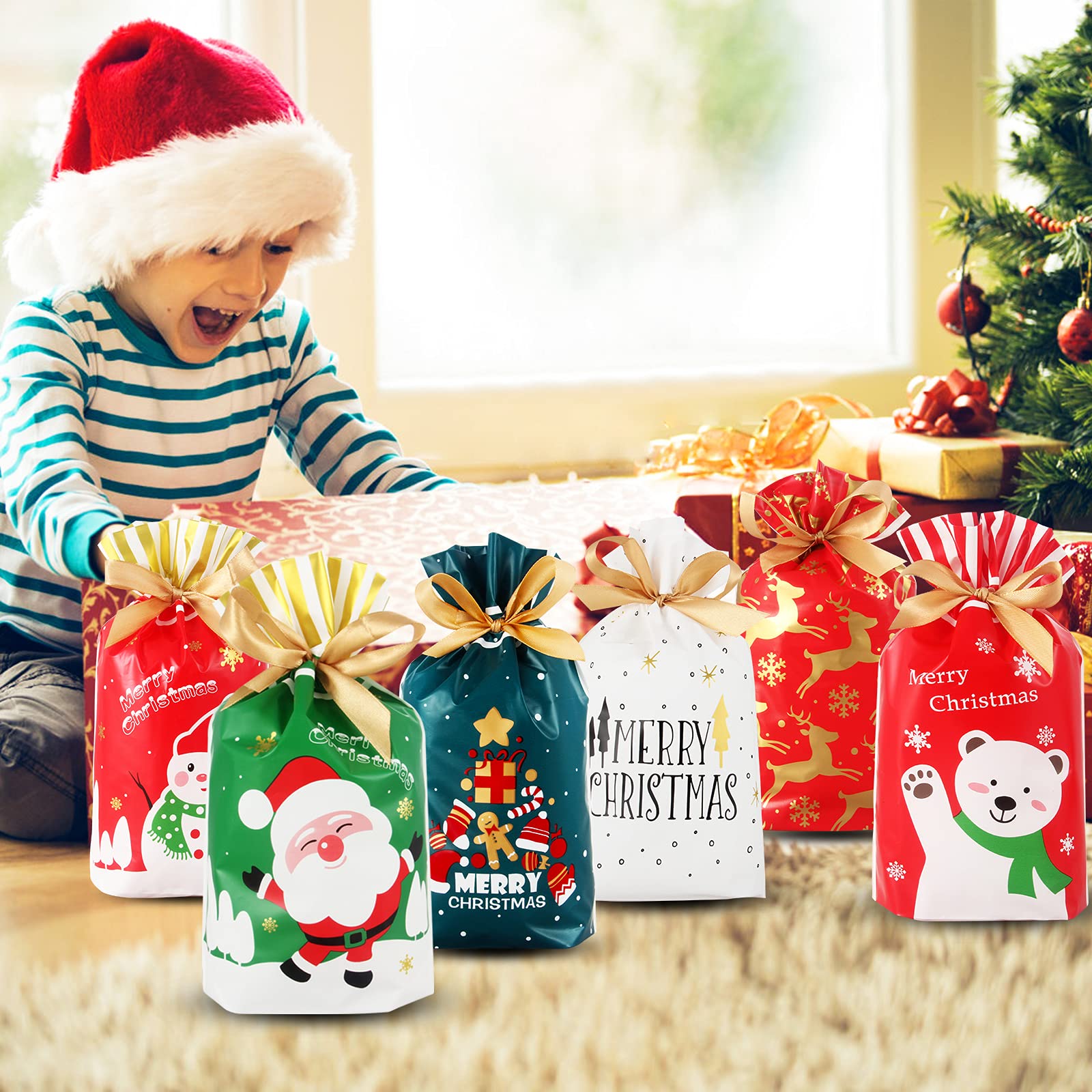 Heniho 60pcs Christmas Treats Bags, 4”x 6” Drawstring Candy Cookie Bags Gift Party Favors