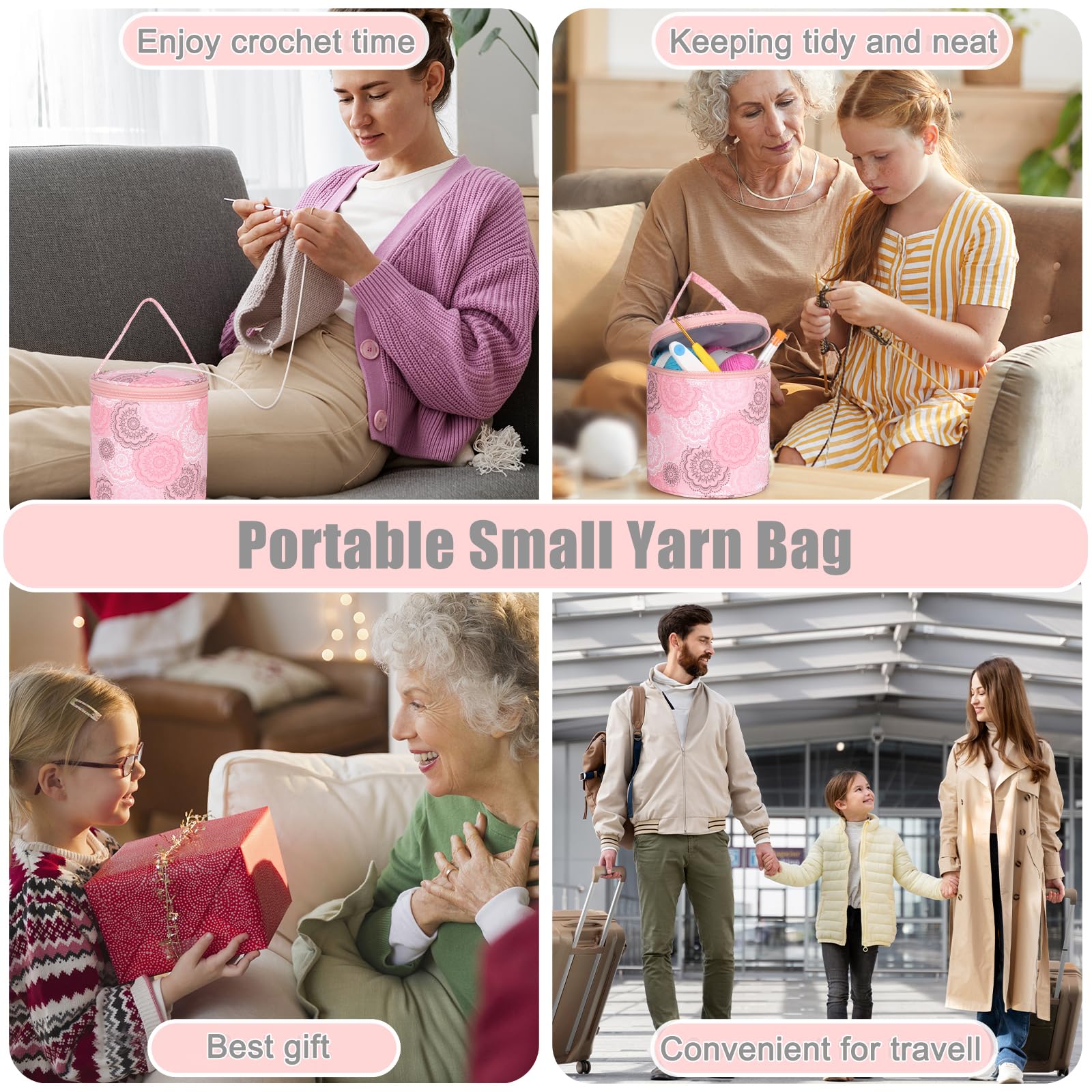 Katech Mini Yarn Storage Bags, Portable Yarn Bag for Crocheting with Holes Organizer Crochet Thread Sewing Accessories Storage Tote Bag for Carry Crochet Hooks Skein Yarn (Pink Floral)