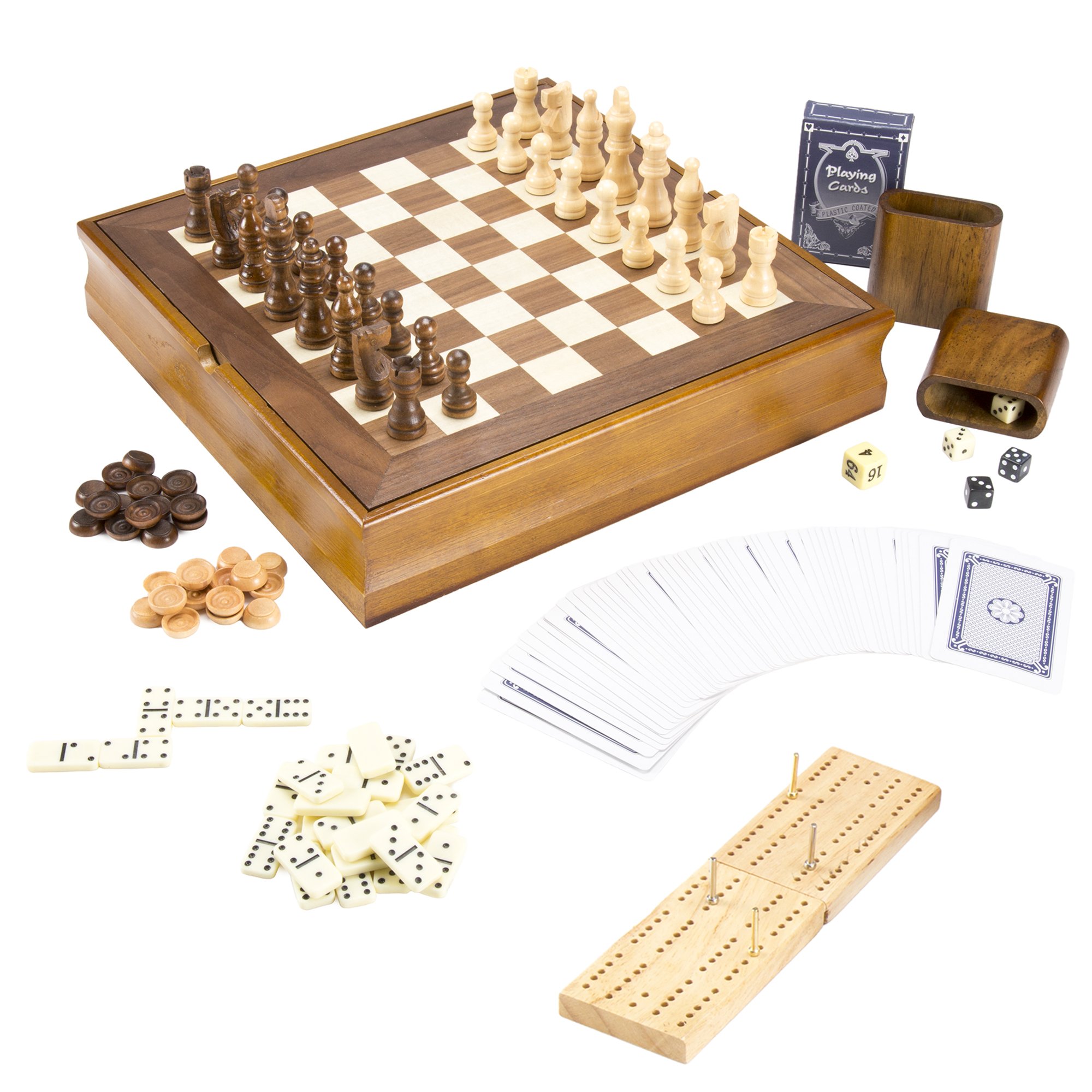Hey! Play! 7-in-1 Classic Wooden Board Game Set β Old Fashioned Family Game Night Cards, Dice, Chess, Checkers, Backgammon, Dominoes and Cribbage (12-HY2691)