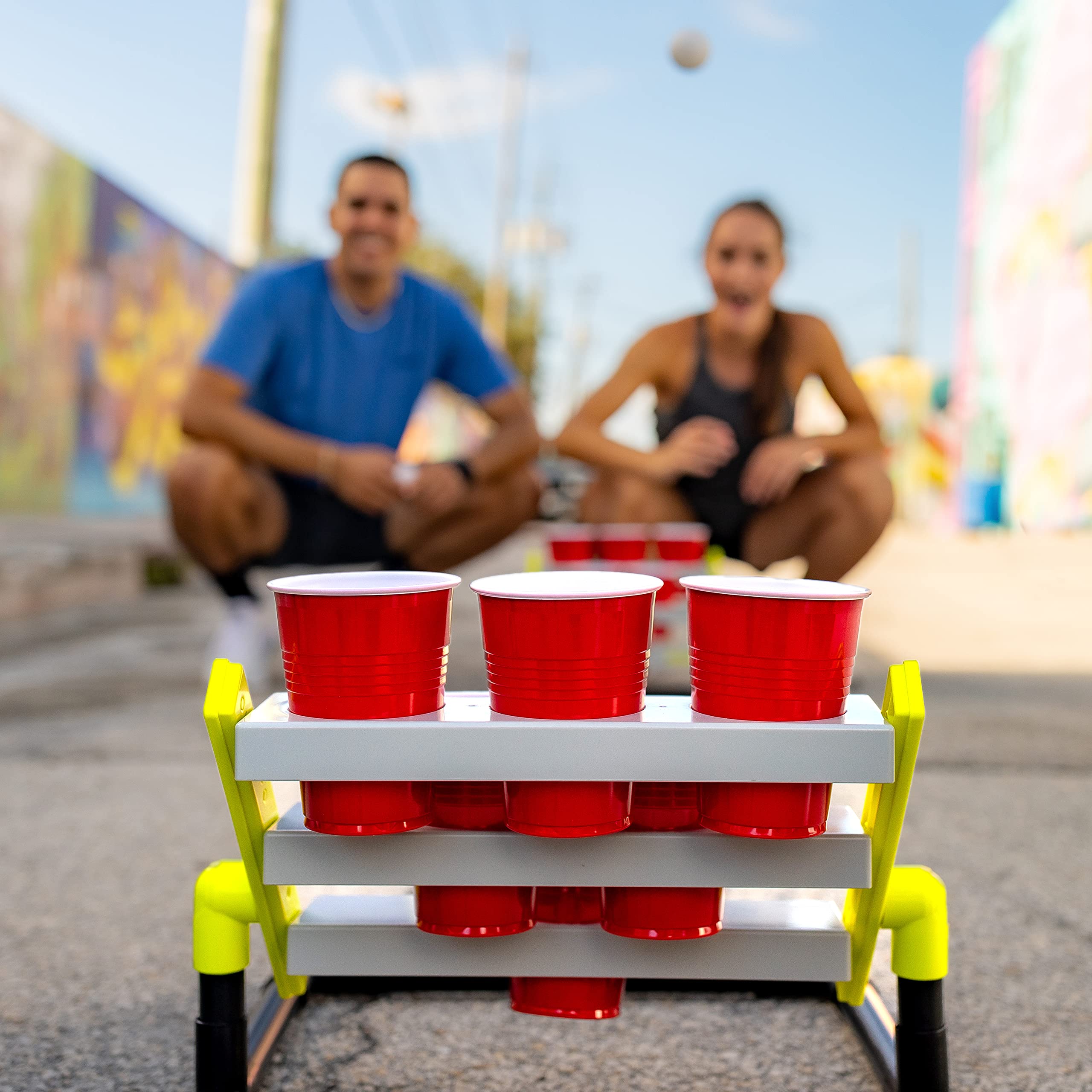 Franklin Sports Stadium Cup Pong Set - Jumbo 6 Cup Pong Game Set with Cups + Stand - Fun Indoor + Outdoor Tailgate Game