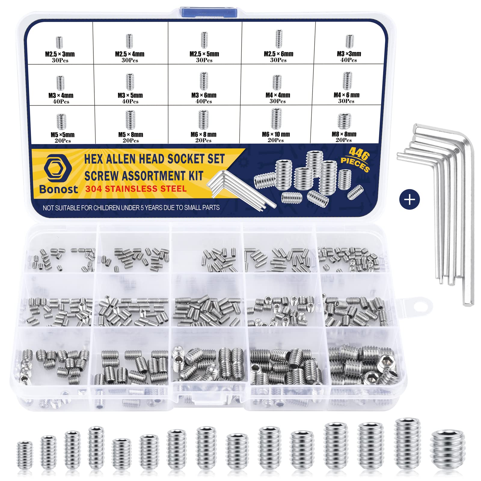 Bonost 440Pcs Set Screw Assortment Kit Metric - M2.5 M3 M4 M5 M6 M8 Stainless Steel Hex Allen Head Socket Grub Screw, Small Set Screws for Door Handles, Bathroom Fixture