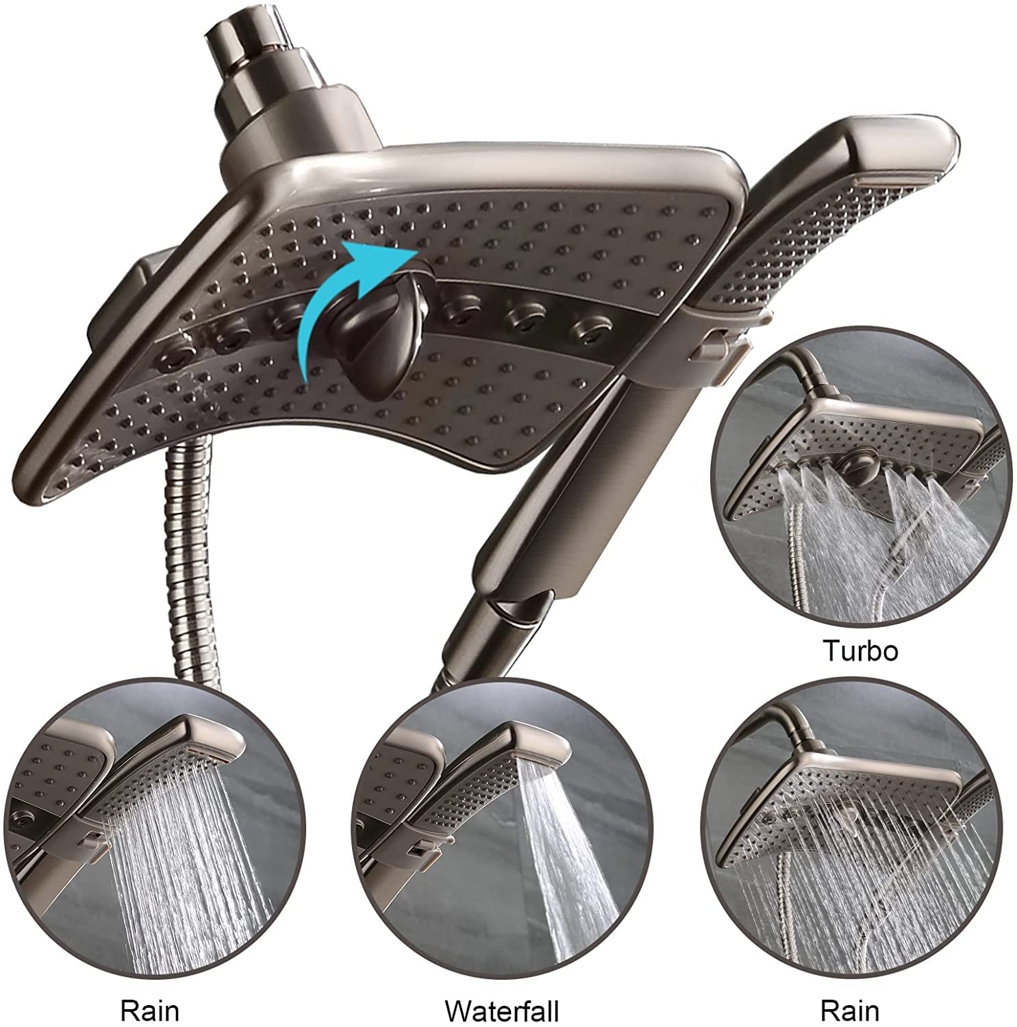 BRIGHT SHOWERS 10 Inch Shower Arm Extender with Shower Head Combo with Two Spray Setting Fixed Shower Head and Two Spray Settings Handheld Shower Head with Grey Face, Brushed Nickel