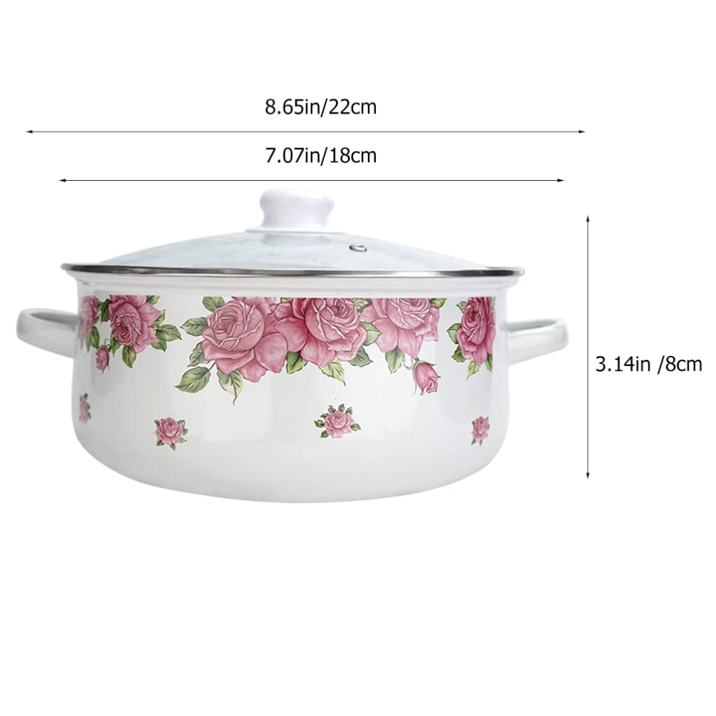 CALLARON 1 Set Enamel Stockpot with Lid Vintage Floral Enamel on Steel Cooking Pot Enamelware Stew Nonstick Soup Pot Stove Cookware for Home Kitchen Restaurant Pink 1.5L