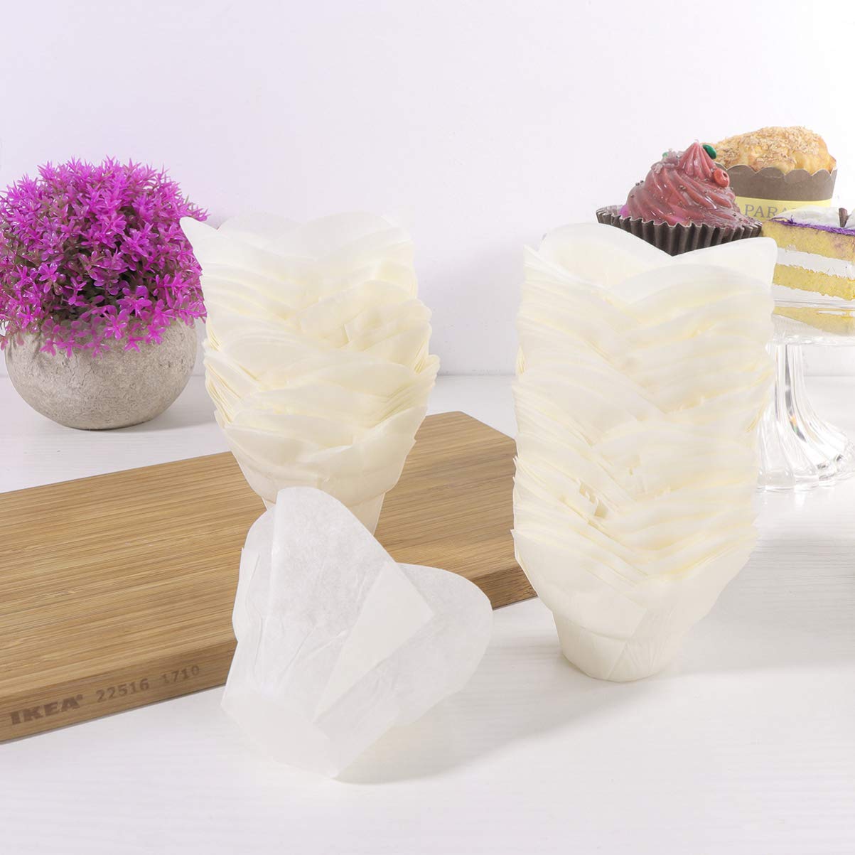 Cabilock 100pcs Mini Paper Baking Cups Lotus Shape Grease Proof Cupcake Liners For Cake Balls Muffins Cupcakes Candies (White)