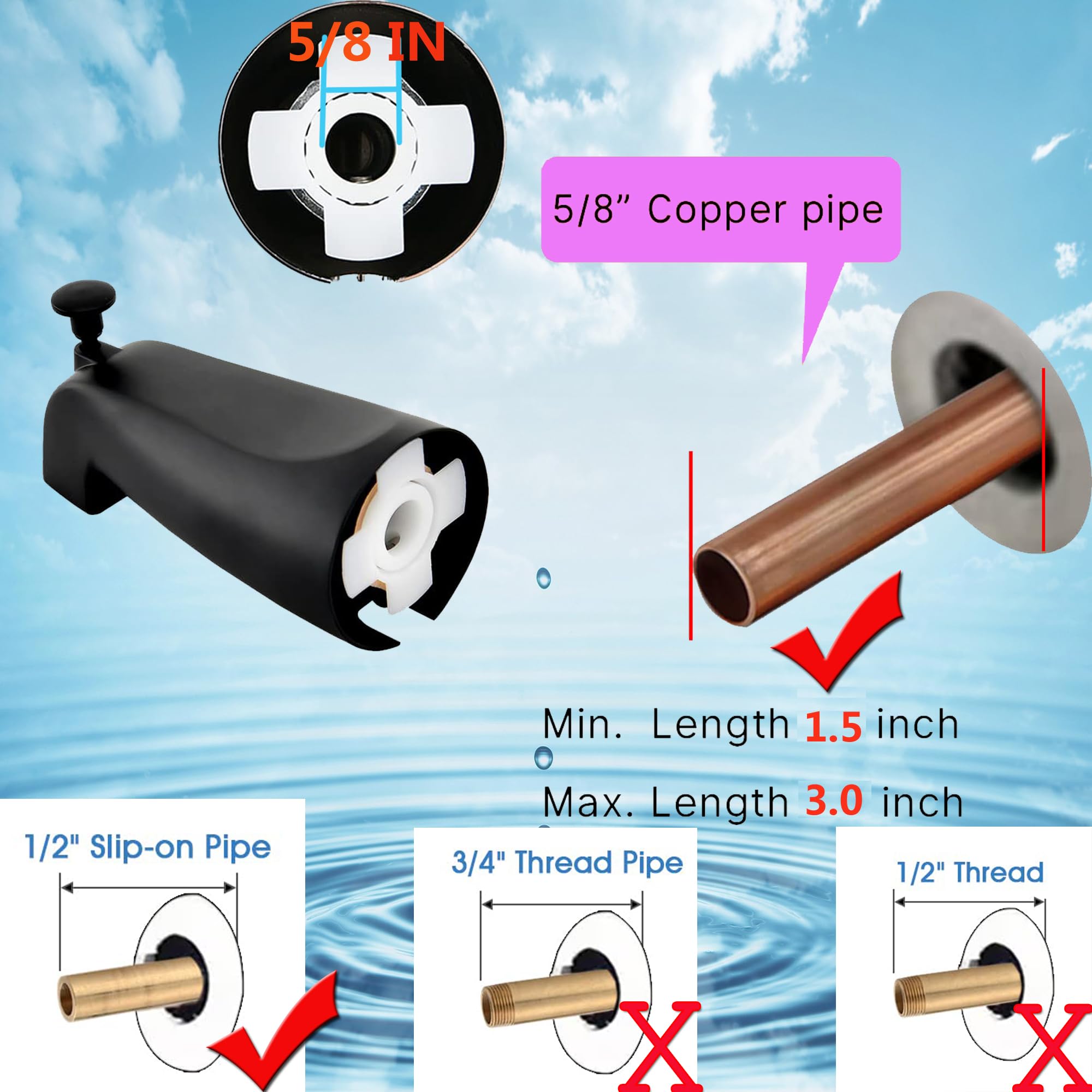 Slip Fit Tub Spout with Pull-Up Diverter for 1/2 inch Copper Tube,5.4 INCHES in Length,Easy to Install,Chrome (Not Applicable to Threaded Pipes) Thickened and Elongated Design 300 Grams