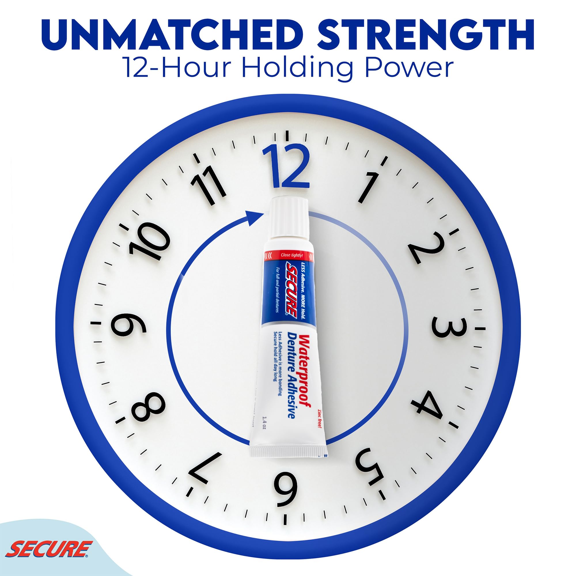 Secure Waterproof Denture Adhesive - Zinc Free - Extra Strong Hold For Upper, Lower or Partials - 1.4 oz