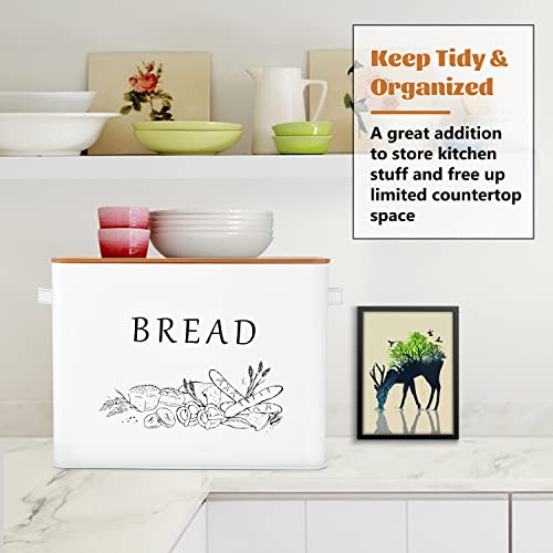 E-far Bread Box for Kitchen Countertop, Metal Bread Storage Container Bin with Bamboo Lid for Cutting Bread, Extra Large & Farmhouse Style, 13β x 7.2β x9.8β, White