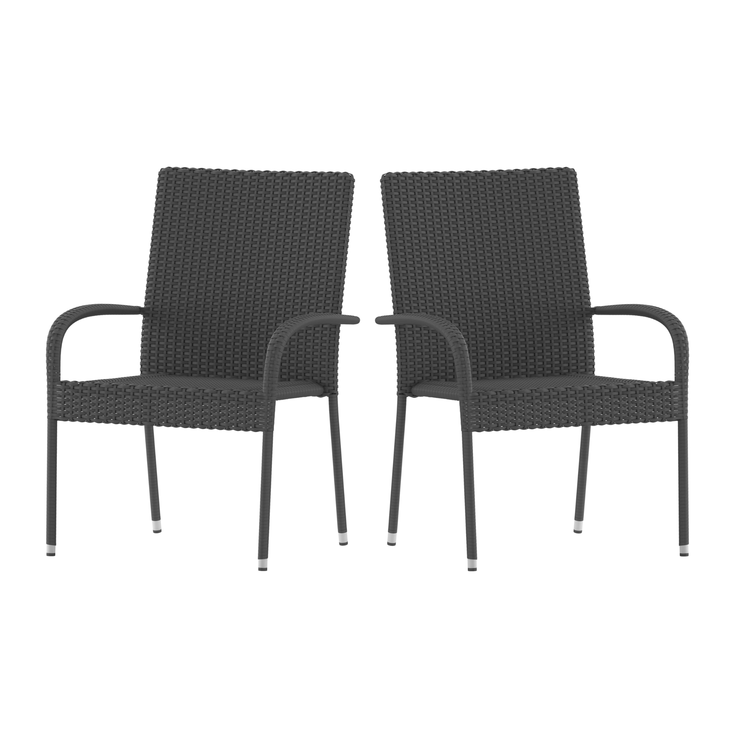 EMMA + OLIVER Sala Stacking All-Weather Patio Chair - Gray Woven Polyethylene Wicker - Powder Coated Steel Frame - for Indoor & Outdoor Use - Set of Four