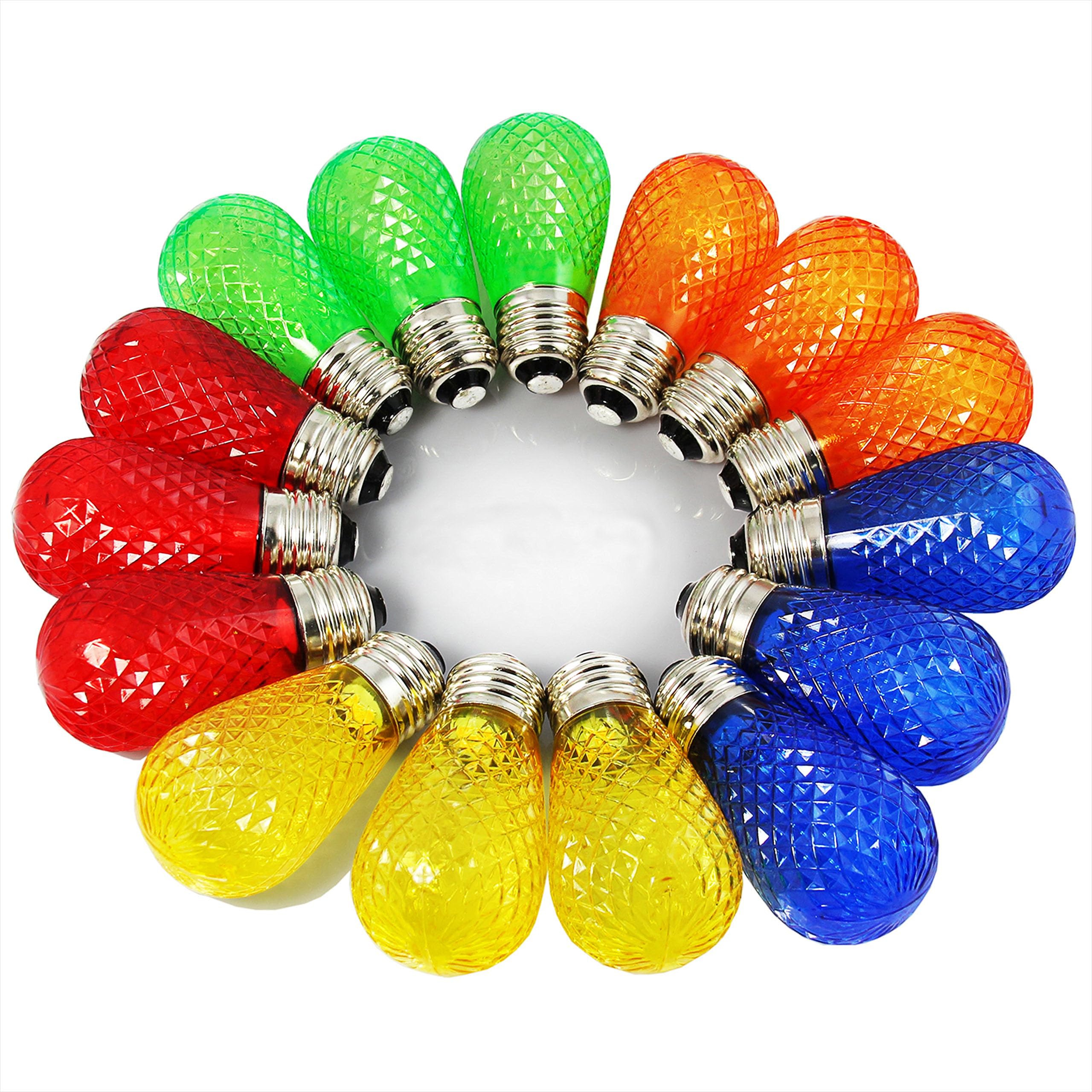 BRIMAX S14 Colored LED Bulbs Plastic for Christmas Outdoor String Lights Replacement, Shatterproof, E26 Base Multi Color Red/Orange/Blue/Green/Yellow, Halloween Decorative Bulb 15pack