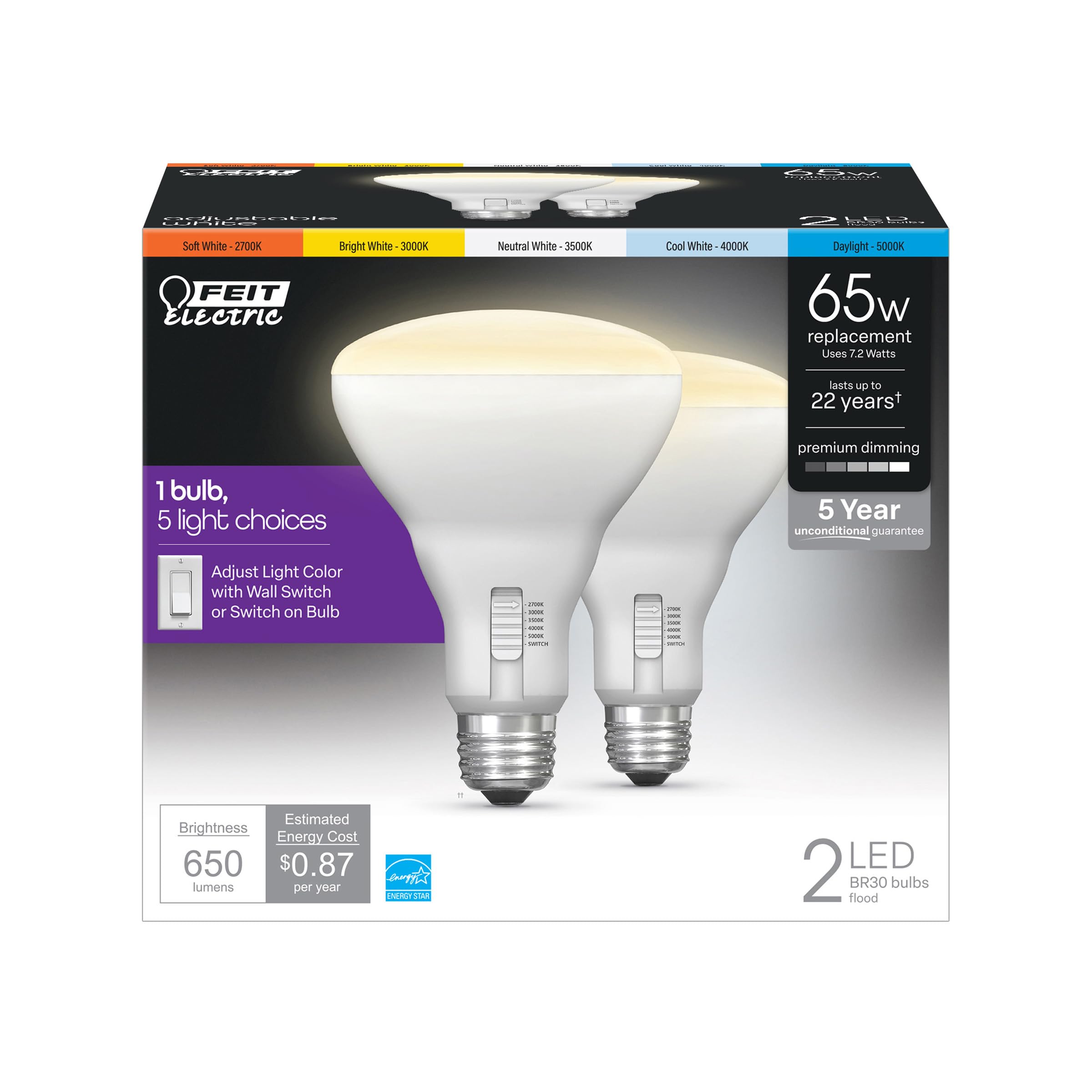 Feit Electric BR30 LED Light Bulb, 65W Equivalent, Dimmable, Color Selectable 6-Way, E26 Medium Base, 90 CRI, 650 Lumens, Damp Rated Recessed Lighting Bulb, 22-Year Lifetime, BR30DM/6WYCA/2, 2 Pack