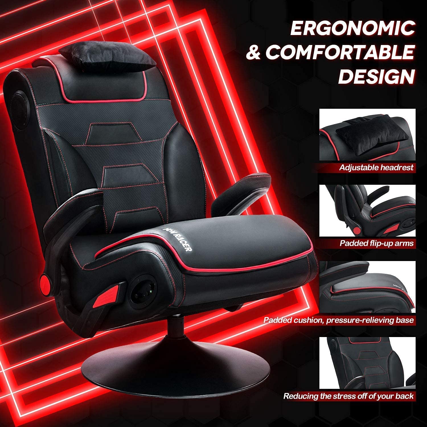 VON RACER Video Game Chair with Speakers, 2.1 Audio Foldable Floor Gaming Chair, Pedestal PC Chair 2 Speakers and 4” Subwoofer