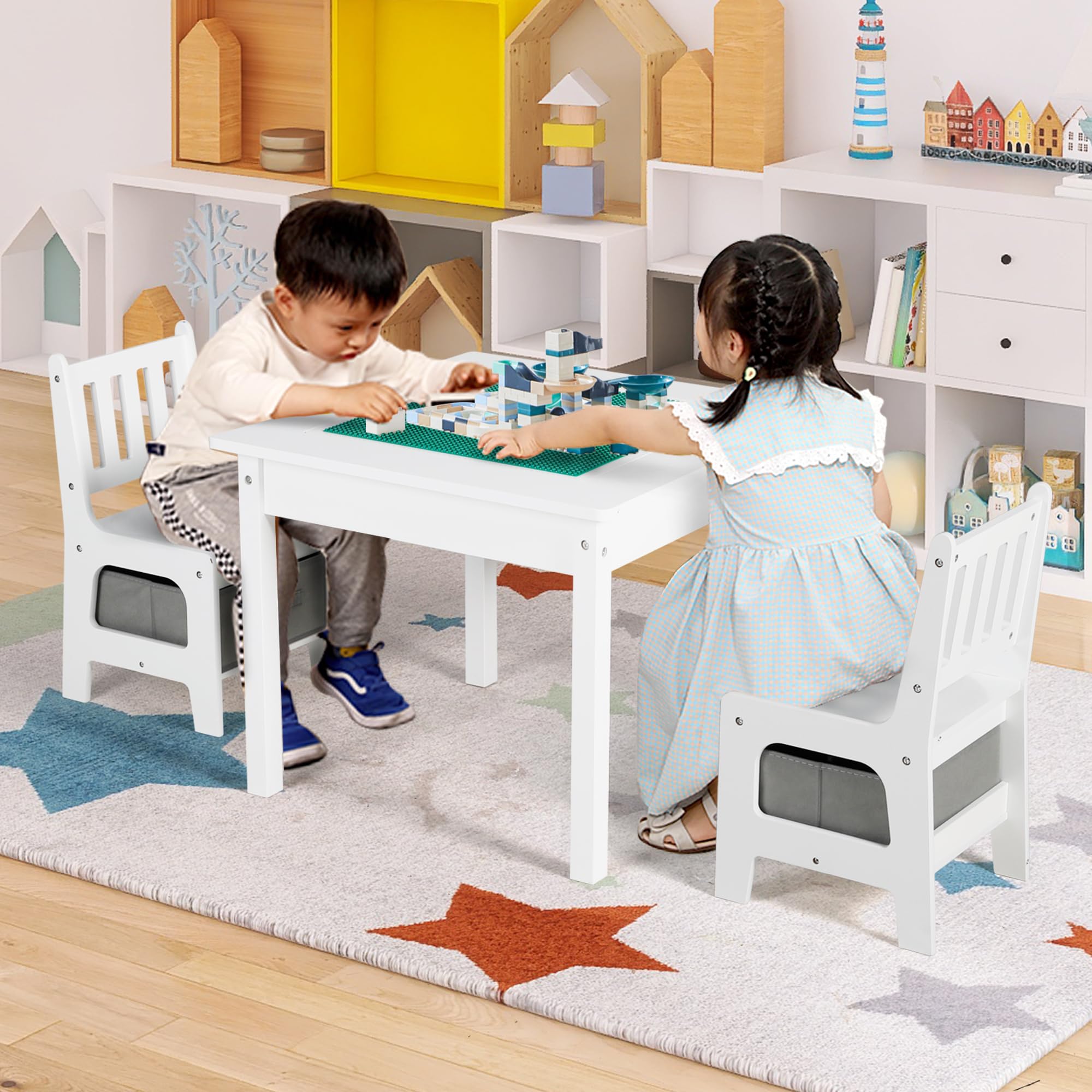 Kinder King Kids Wood Table & 2 Chairs Set, 3 in 1 Kids Construction Play Table, Toddler Activity Table w/Storage Space, Building Block Table for Child Art, Crafts, Reading, Playing, Grey