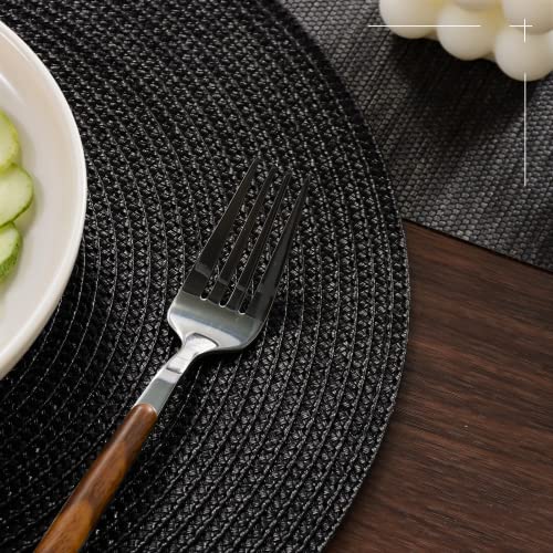 FunWheat Round Braided Placemats Set of 4 Table Mats for Dining Tables Woven Washable Non-Slip Place mats 15Inch (Black, 4pcs)