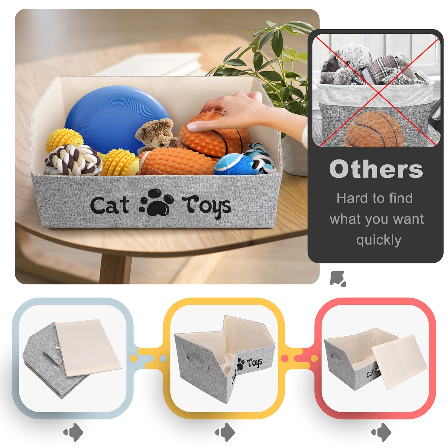 LOVSTORAGE Large Cat Toy Box Cat Toy Storage Basket 2X Thicker Foldable Sturdy Pet Toy Storage Bin Bed for Organizing Pet Toys Treats Clothes and Accessories